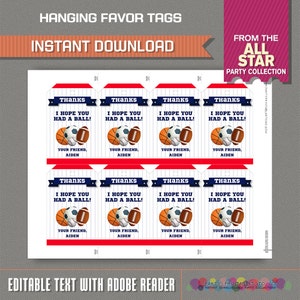 Sports Party Favor Tag / Sports Thank You Tag - All Star Birthday - All ...