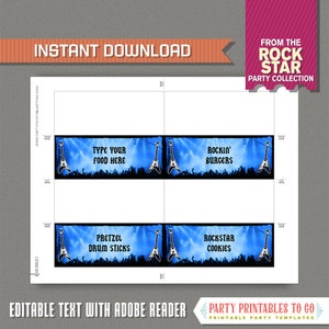 Rockstar Party Food Label / Rockstar Place Cards (blue) - INSTANT ...