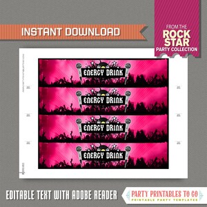 Rockstar Party Bottle Labels or Napkin Rings (pink) INSTANT DOWNLOAD ...