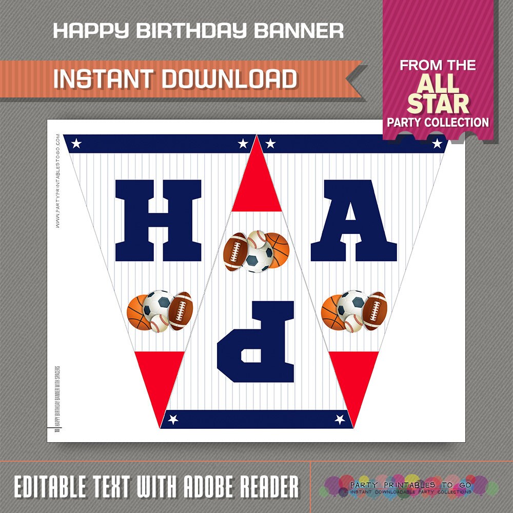Sports Party Printable Birthday Banner With Spacers INSTANT - Etsy