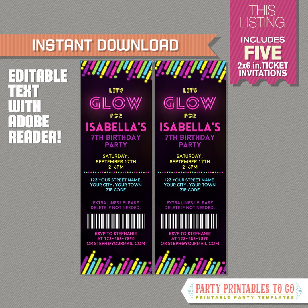 Neon Glow III Party Ticket Invitation - INSTANT DOWNLOAD - Glow in the ...
