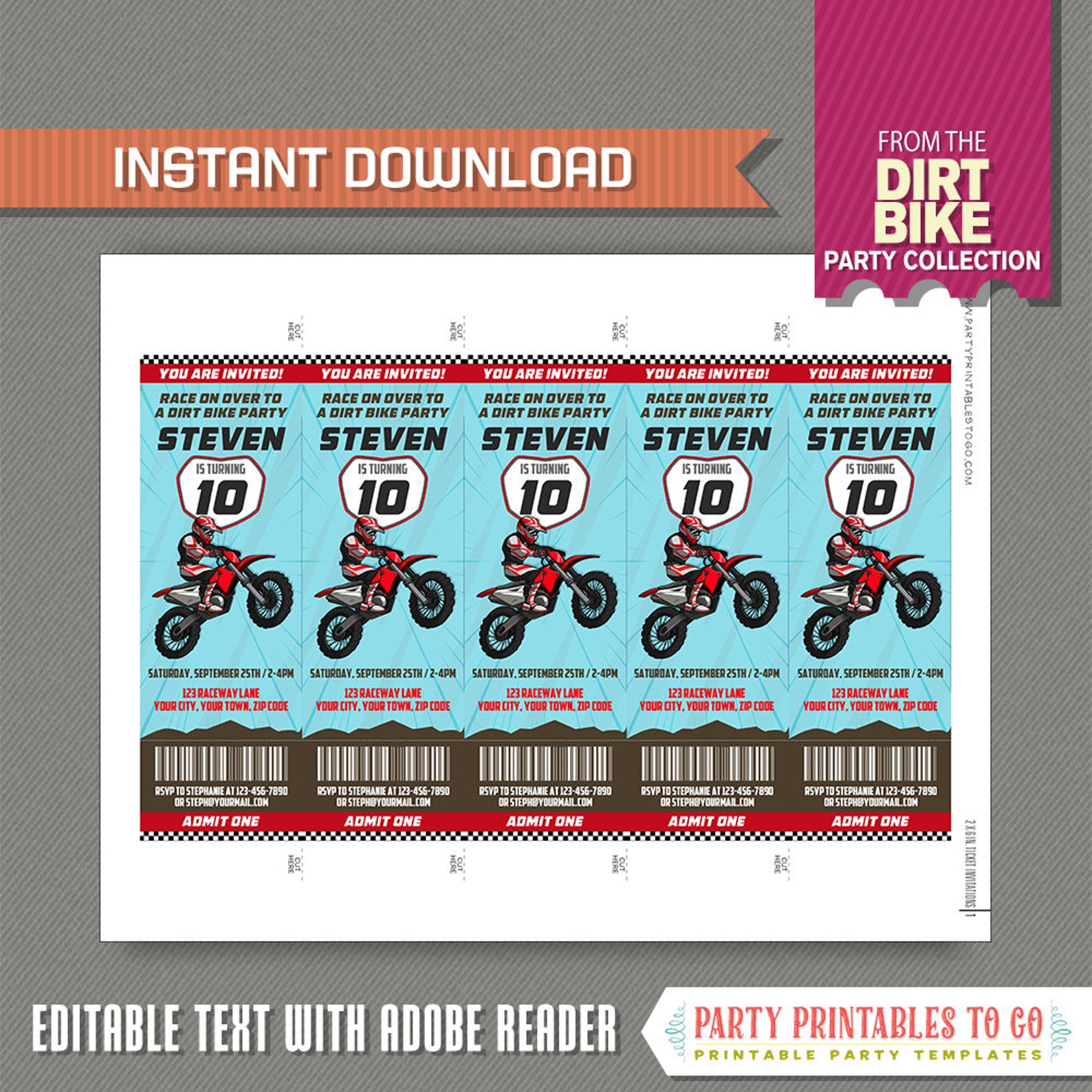 Dirt Bike Party Ticket Invitation red Motocross Birthday - Etsy