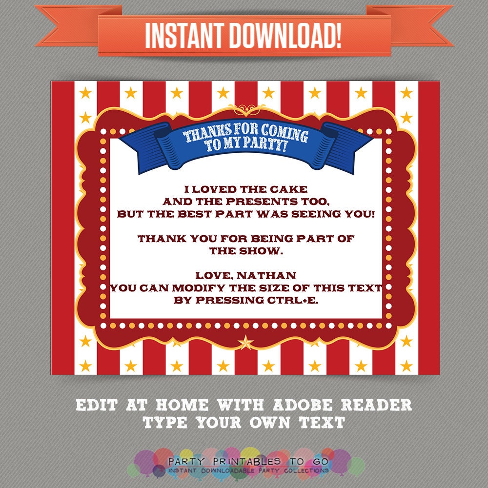Circus Party Carnival Party Printable Thank You Cards | Etsy