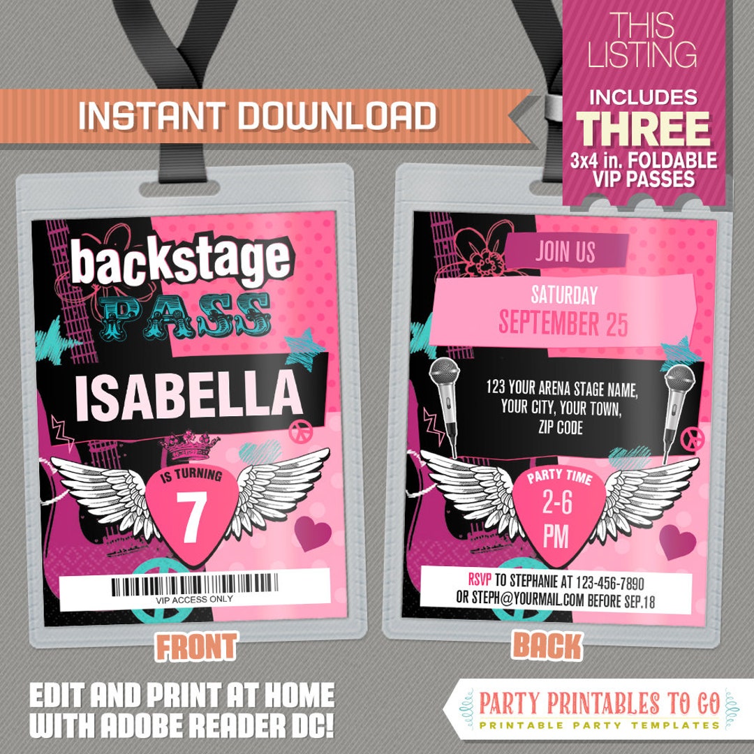 Rockstar Birthday Party VIP Pass Invitations - INSTANT DOWNLOAD - Rock ...