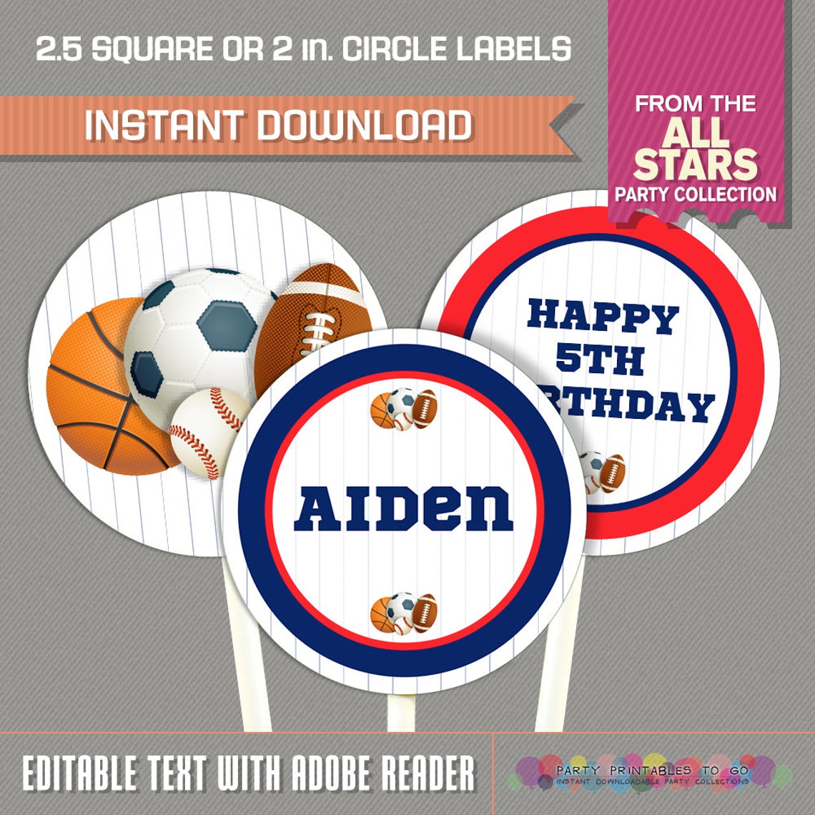Sports Party Printable Birthday Labels INSTANT DOWNLOAD - Etsy