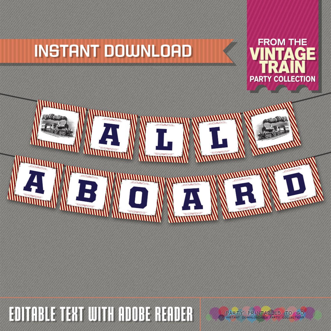 Train Party Printable Birthday Banner With Spacers INSTANT - Etsy