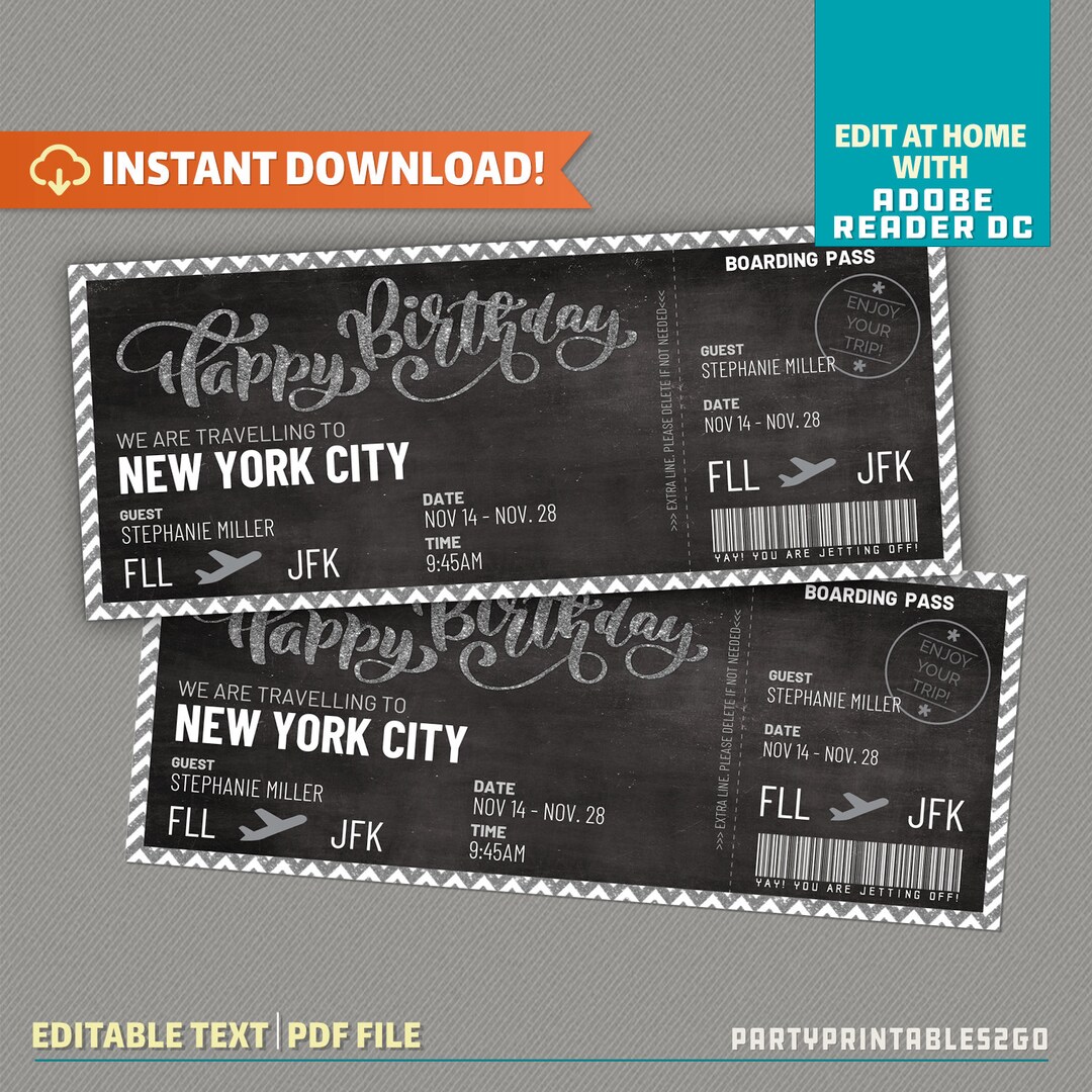 Editable Airplane Boarding Pass (blackboard) Surprise Trip Airline ...