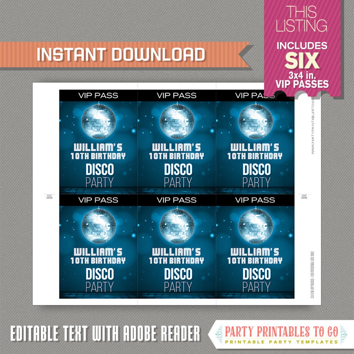 Disco Party Pass Printable Insert blue Disco Birthday - Etsy