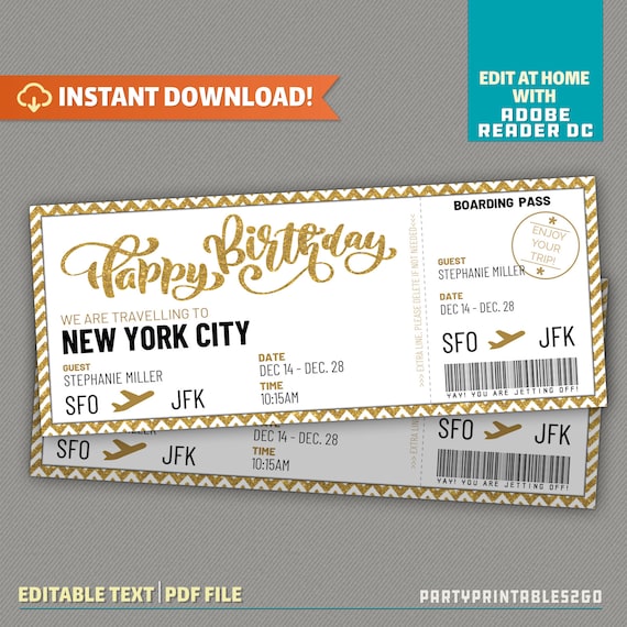 Editable Airplane Boarding Pass (Gold Glitter) Surprise Trip Airline ...