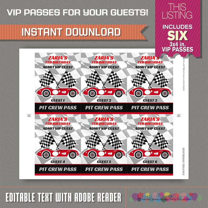 Race Car Party Pit Crew Pass Printable Insert Race Car - Etsy