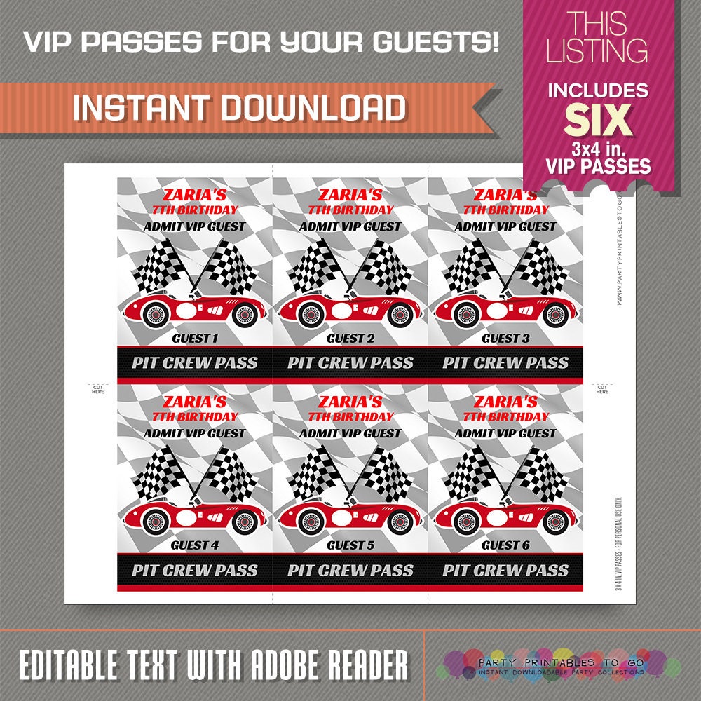 Race Car Party Pit Crew Pass Printable Insert Race Car Birthday, Race ...