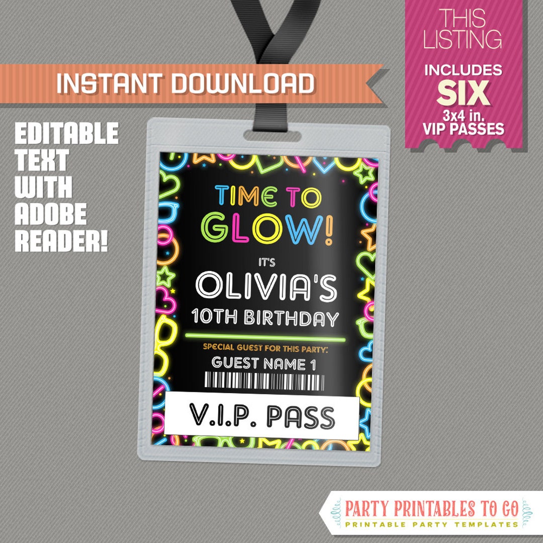 Neon Glow II Party Pass Printable Insert - Neon Glow Party Vip Pass ...