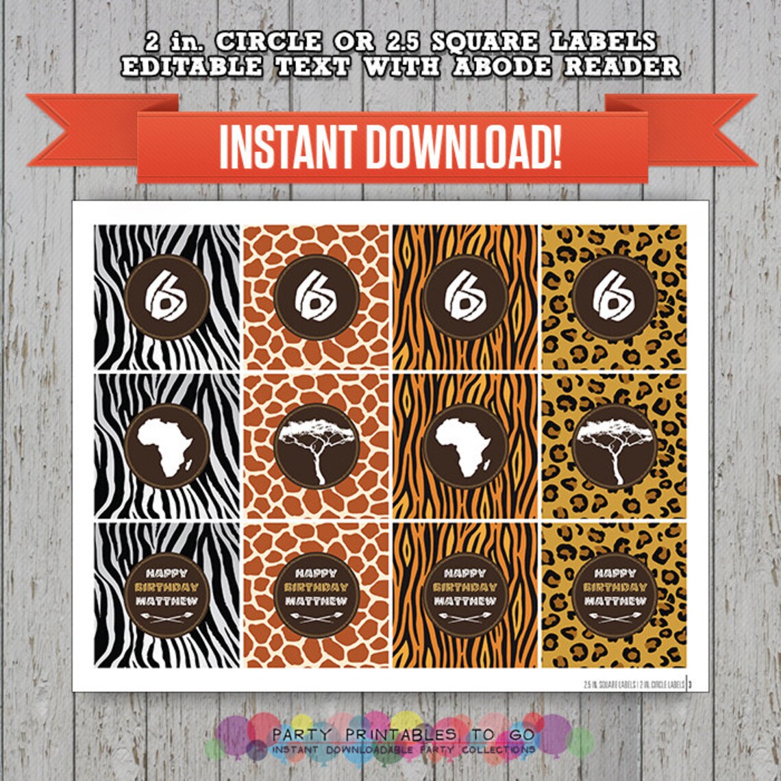 Safari Party Printable Birthday Labels Editable PDF File - Etsy