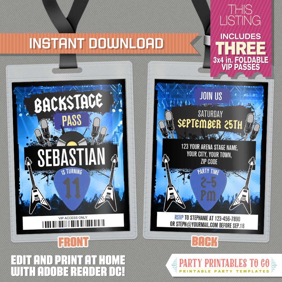 Rockstar Birthday Party VIP Pass Invitations (blue) - INSTANT DOWNLOAD ...