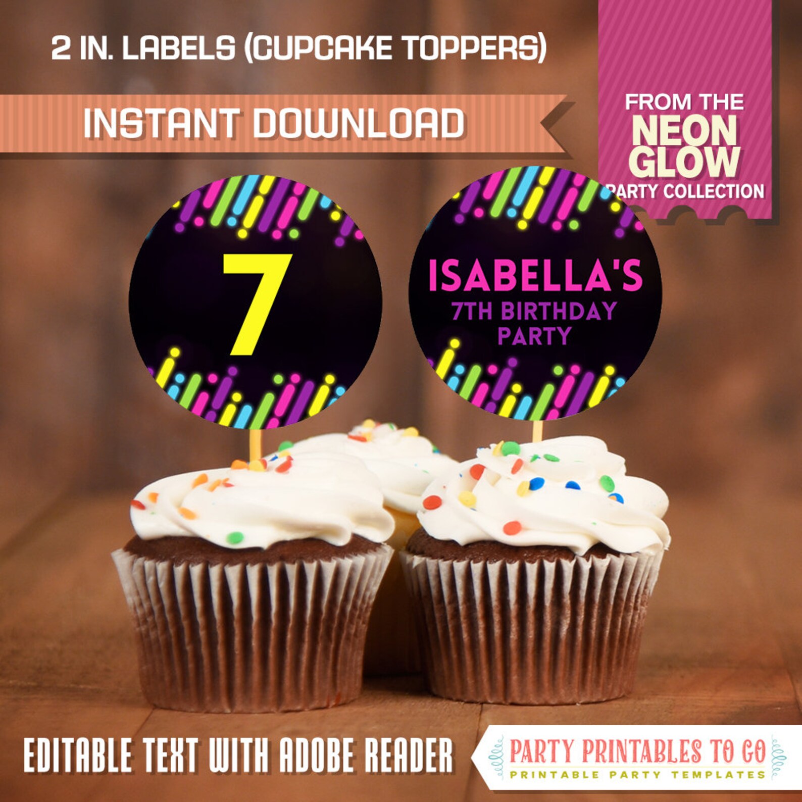 Neon Glow III Party Cupcake Toppers INSTANT DOWLOAD Neon - Etsy