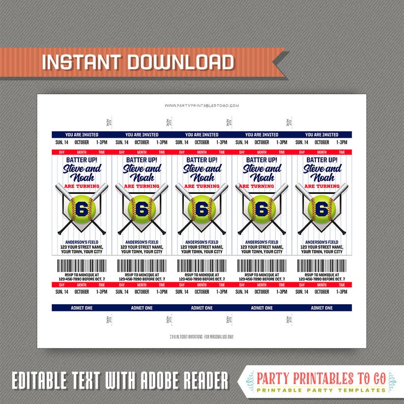 Softball Ticket Invitations for Twins With FREE Thank You | Etsy