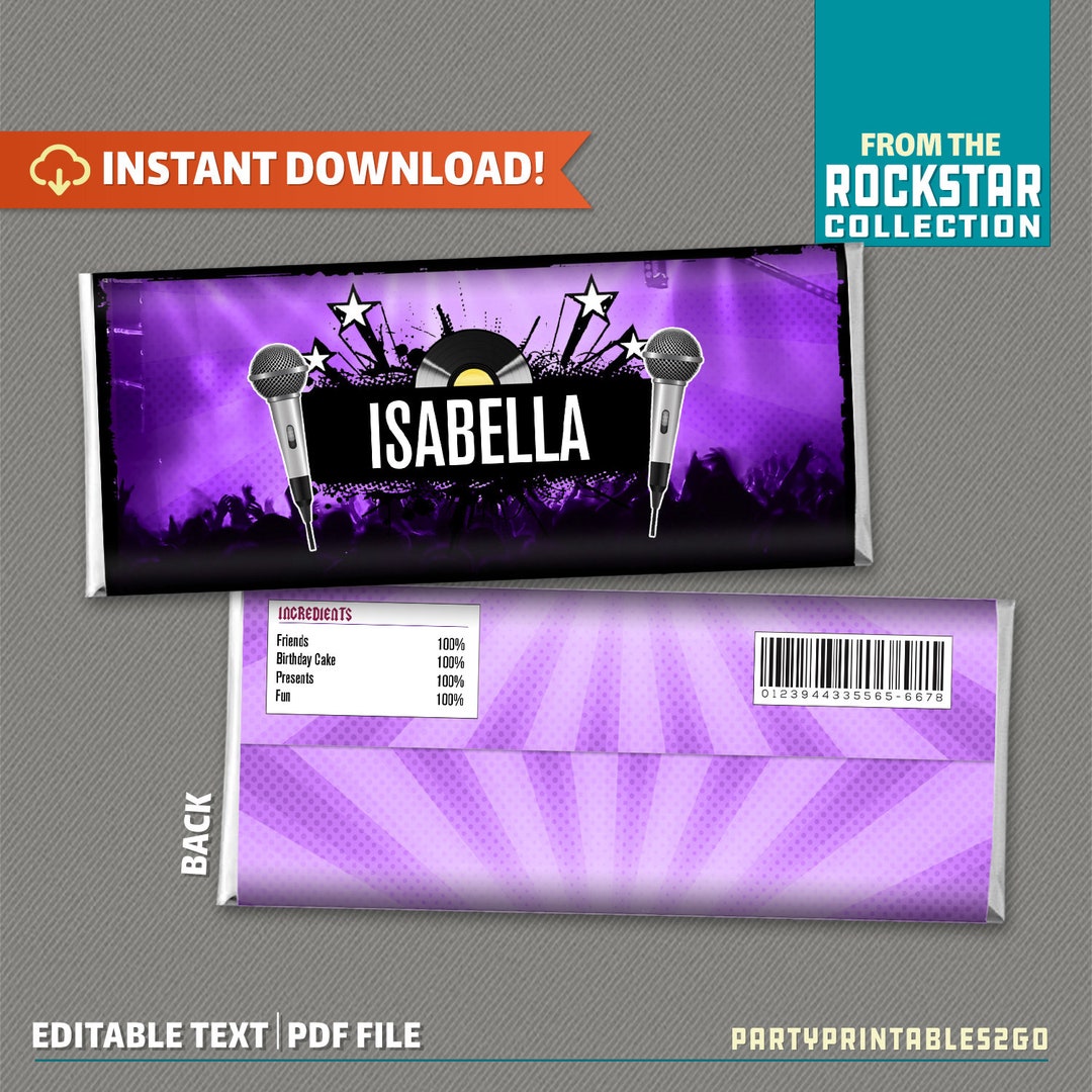 Rockstar Party Chocolate Wrappers (purple) - INSTANT DOWNLOAD ...