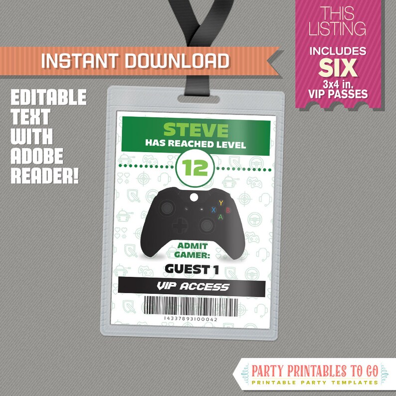 Video Game Party VIP Pass Printable Insert green INSTANT - Etsy