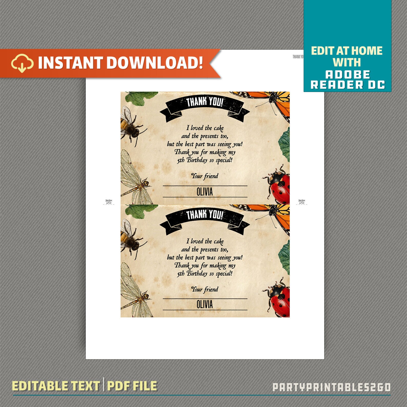 Bug Party Thank You Card INSTANT DOWNLOAD Bug Birthday - Etsy