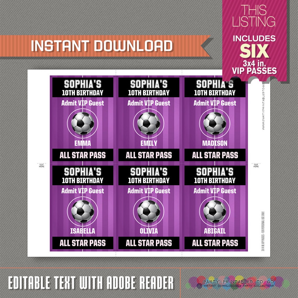 Girl Soccer Party All Star Pass Printable Insert Girl Soccer - Etsy
