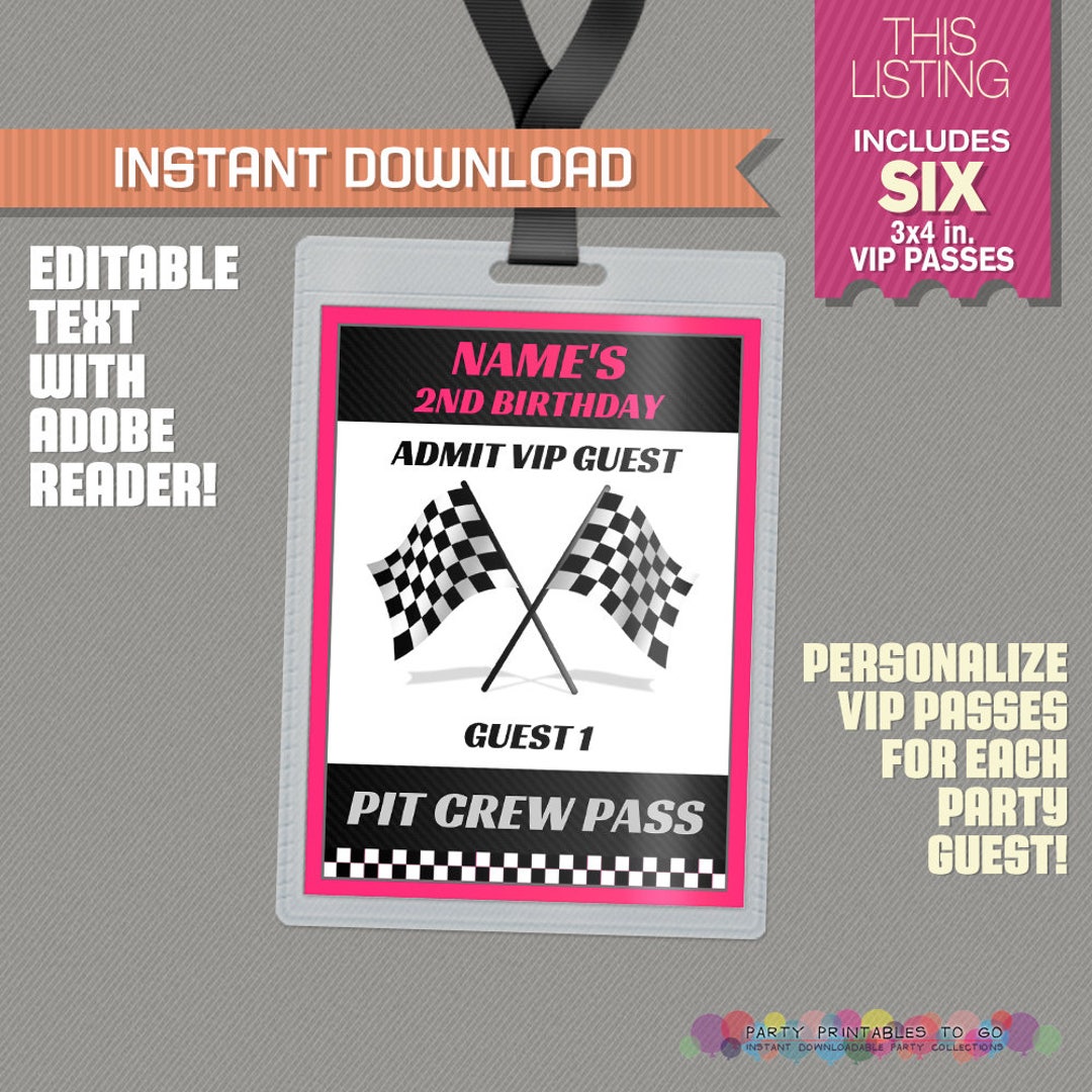 Race Car Party Pit Crew Pass Printable Insert (hot Pink) - Race ...