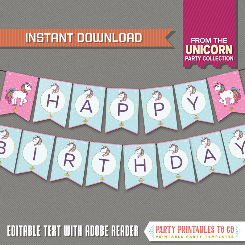 Unicorn Party Printable Birthday Banner With Spacers - Editable PDF ...