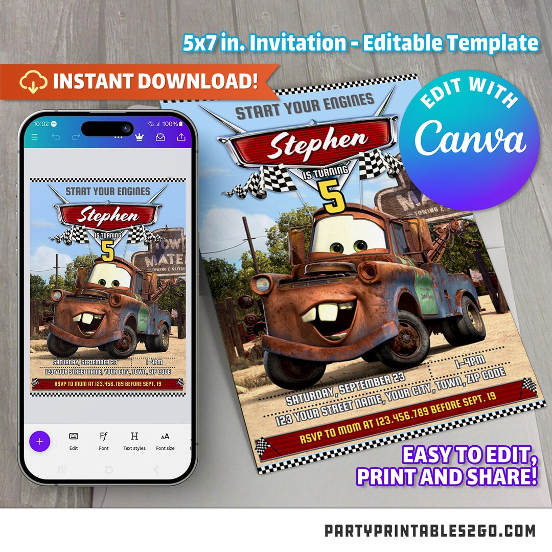 Cars Birthday Invitation - Mater Invitation - Cars Party - Edit With ...