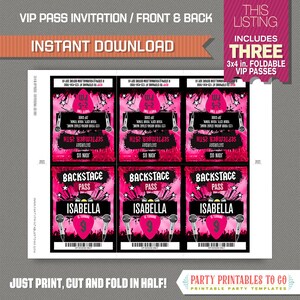 Rockstar Birthday Party VIP Pass Invitations (pink) - INSTANT DOWNLOAD ...