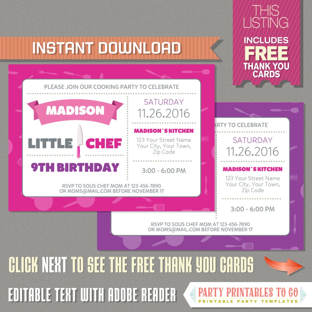 Little Chef Party Invitation With FREE Thank You Card! (pink and Purple ...