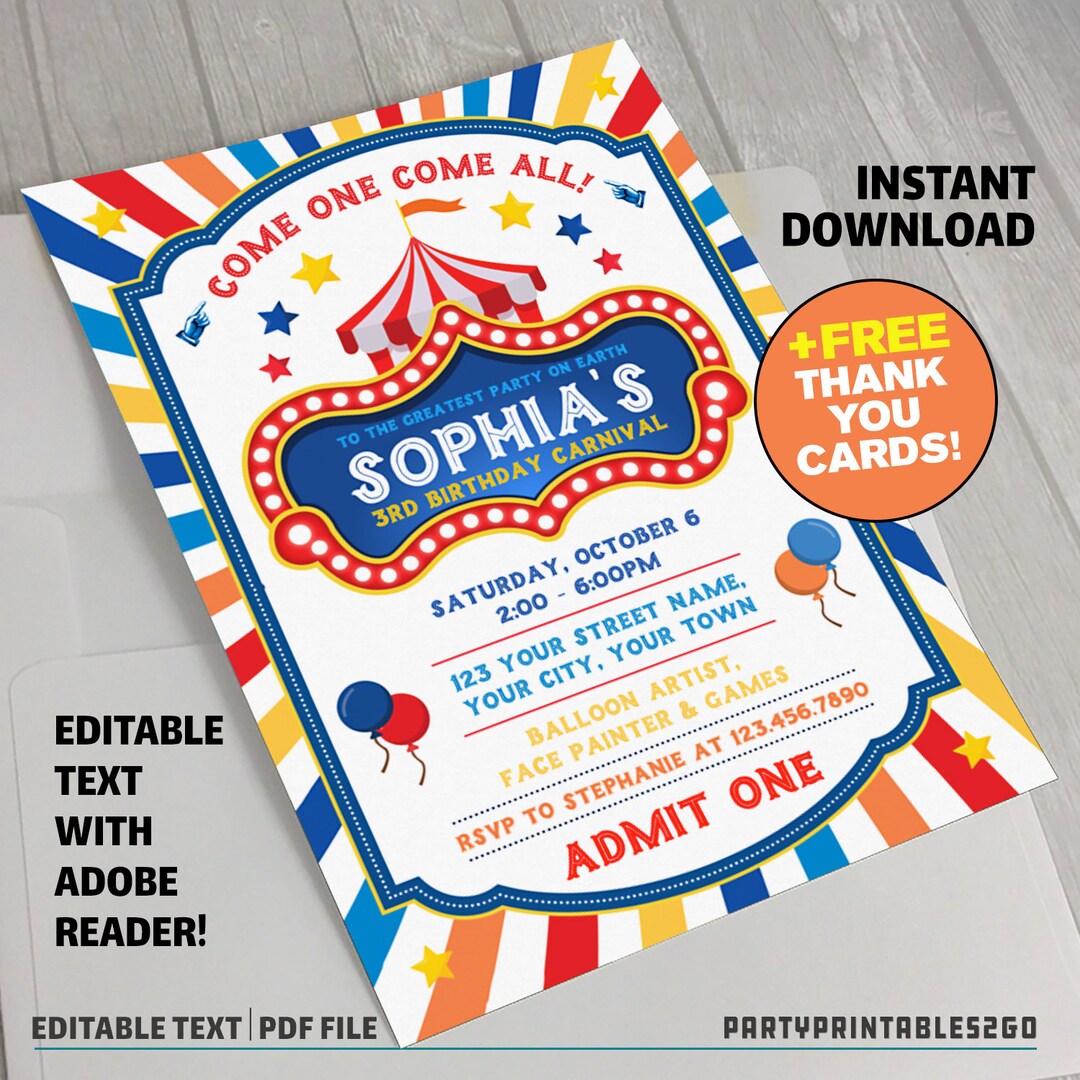 Circus Invitations - Carnival Birthday Invitations - Carnival Party ...