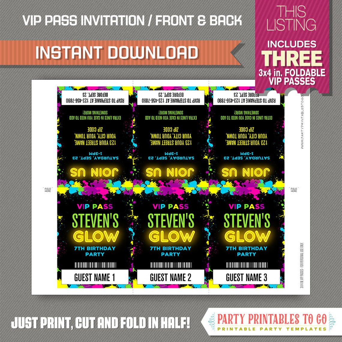 Neon Glow Party VIP Pass Invitations Neon Glow Party Vip - Etsy
