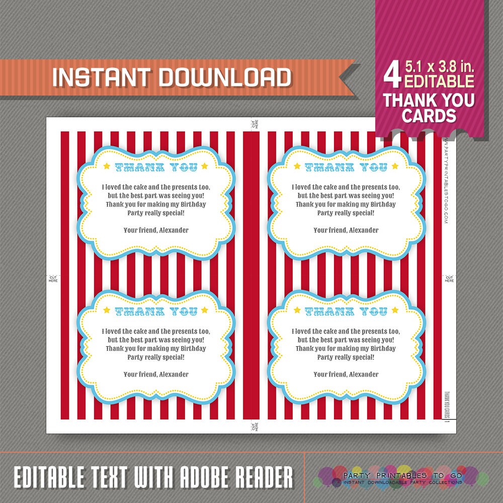 Circus Carnival Thank You Card - Circus Party - Carnival Birthday ...