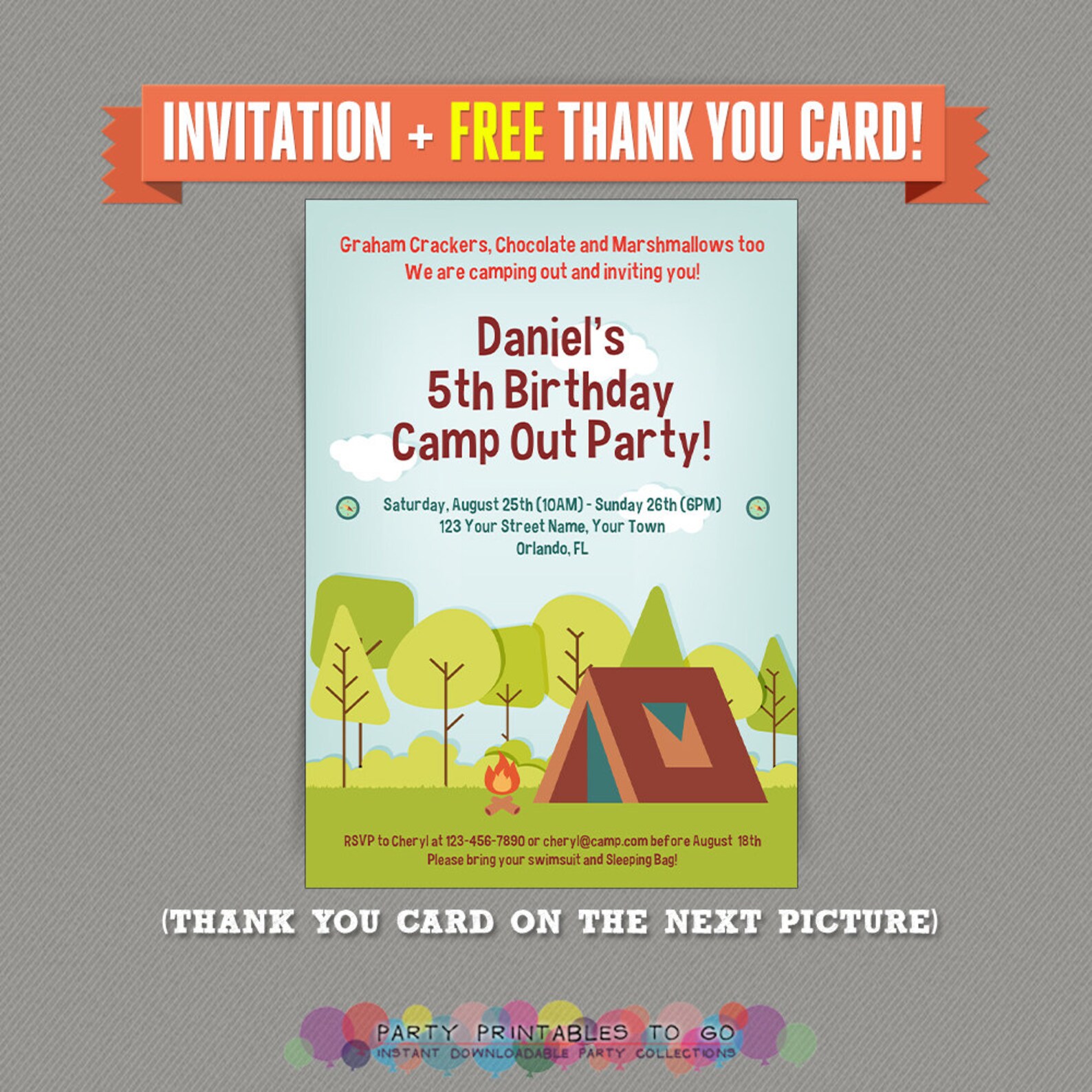 Camp Out / Camping Birthday Party Printable Invitation With - Etsy