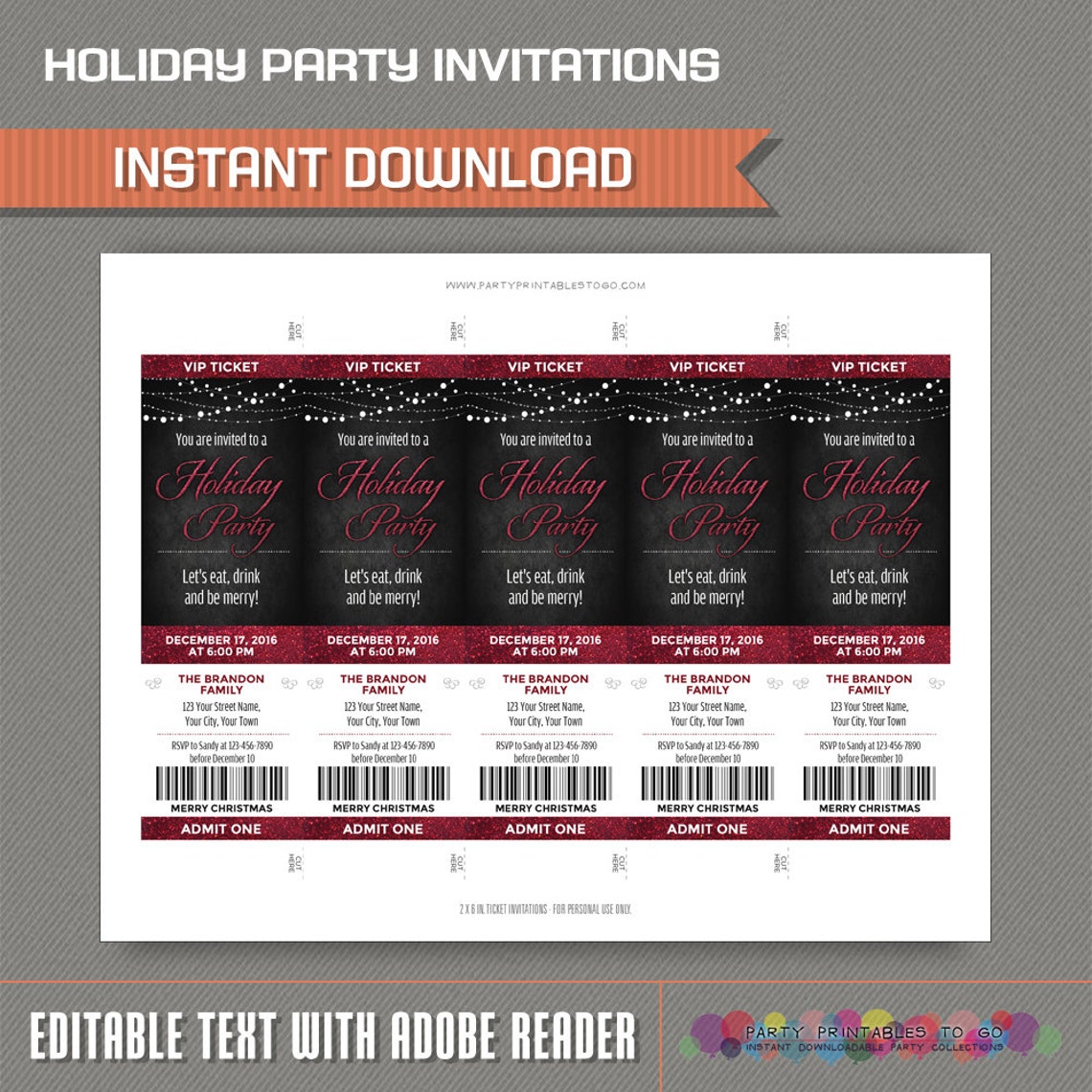 Holiday Party Ticket Invitation INSTANT DOWNLOAD Christmas | Etsy