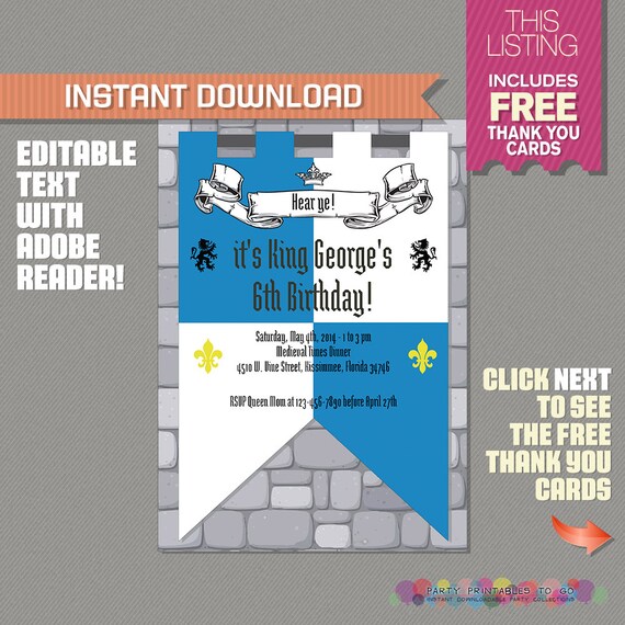 Medieval Knights Party Invitation with FREE Thank you Card! - Knights ...