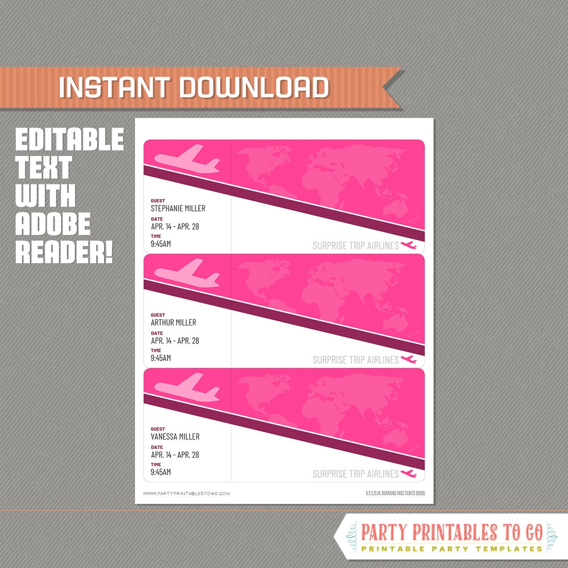 Editable Airplane Boarding Pass pink Surprise Trip Airline - Etsy