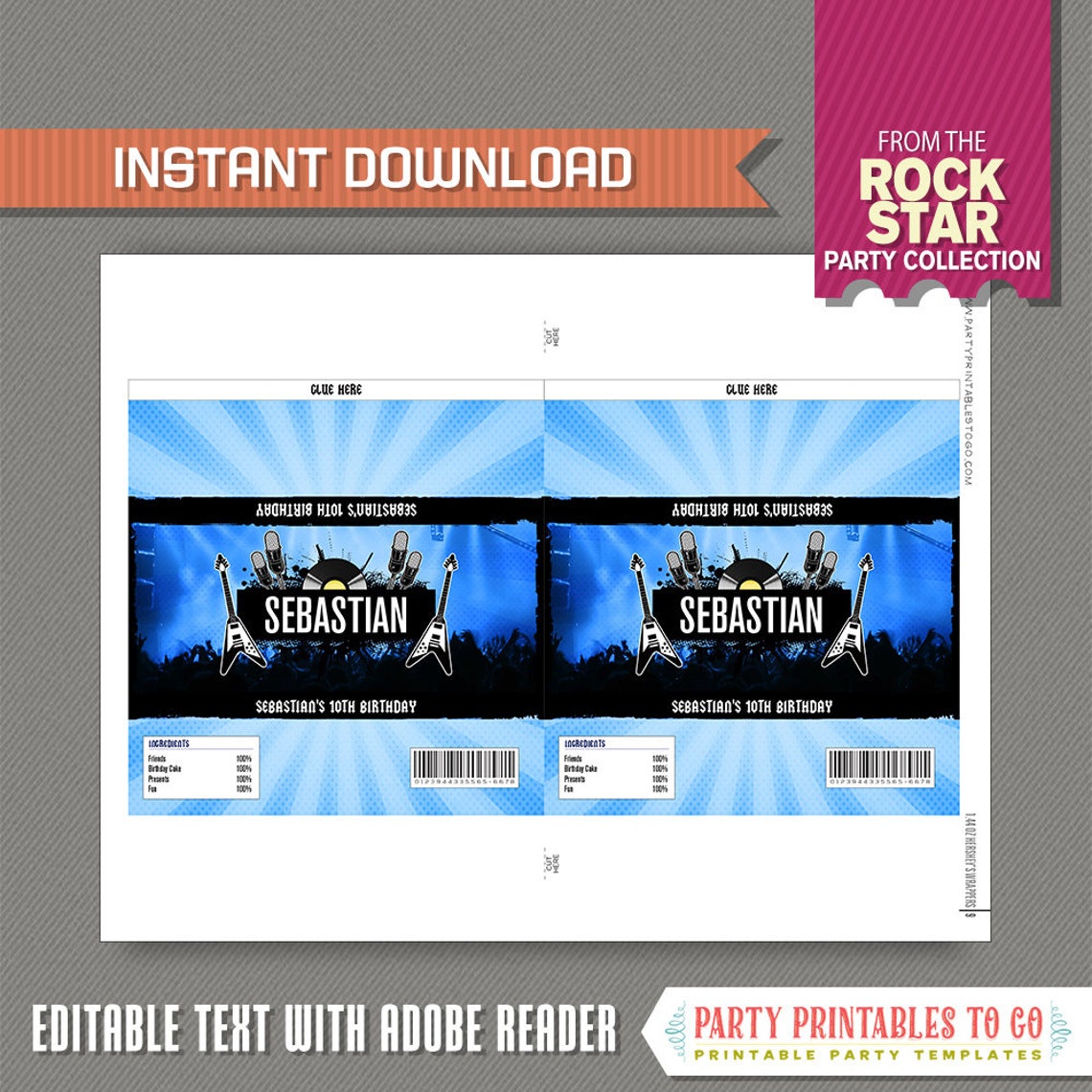 Rockstar Party Chocolate Wrappers blue INSTANT DOWNLOAD | Etsy