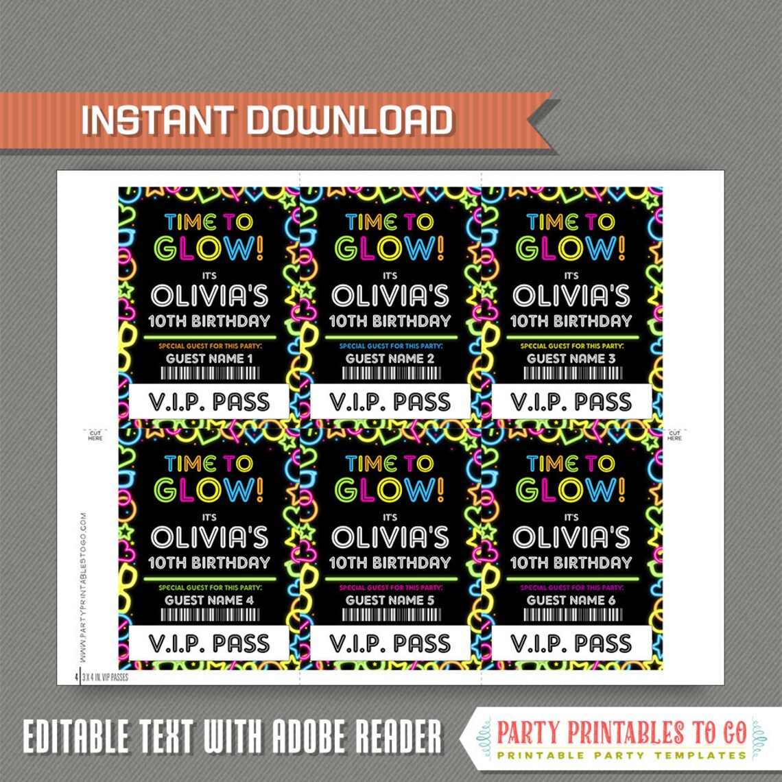 Neon Glow II Party Pass Printable Insert Neon Glow Party Vip - Etsy