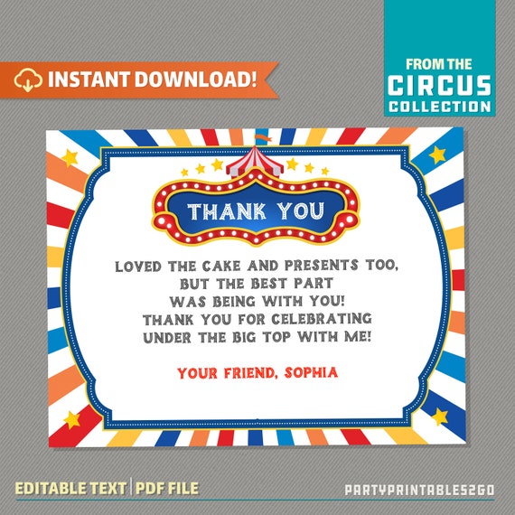Circus Thank you Cards - Carnival Cards - Carnival Party - Circus Party ...