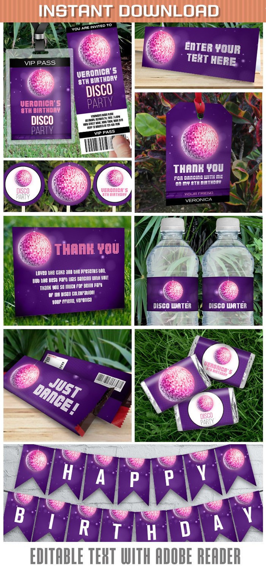 Disco Invitation & Party Decorations (purple) - INSTANT DOWNLOAD ...