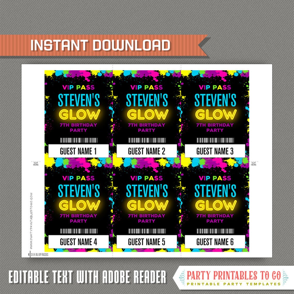 Neon Glow Party Pass Printable Insert Neon Glow Party Vip - Etsy