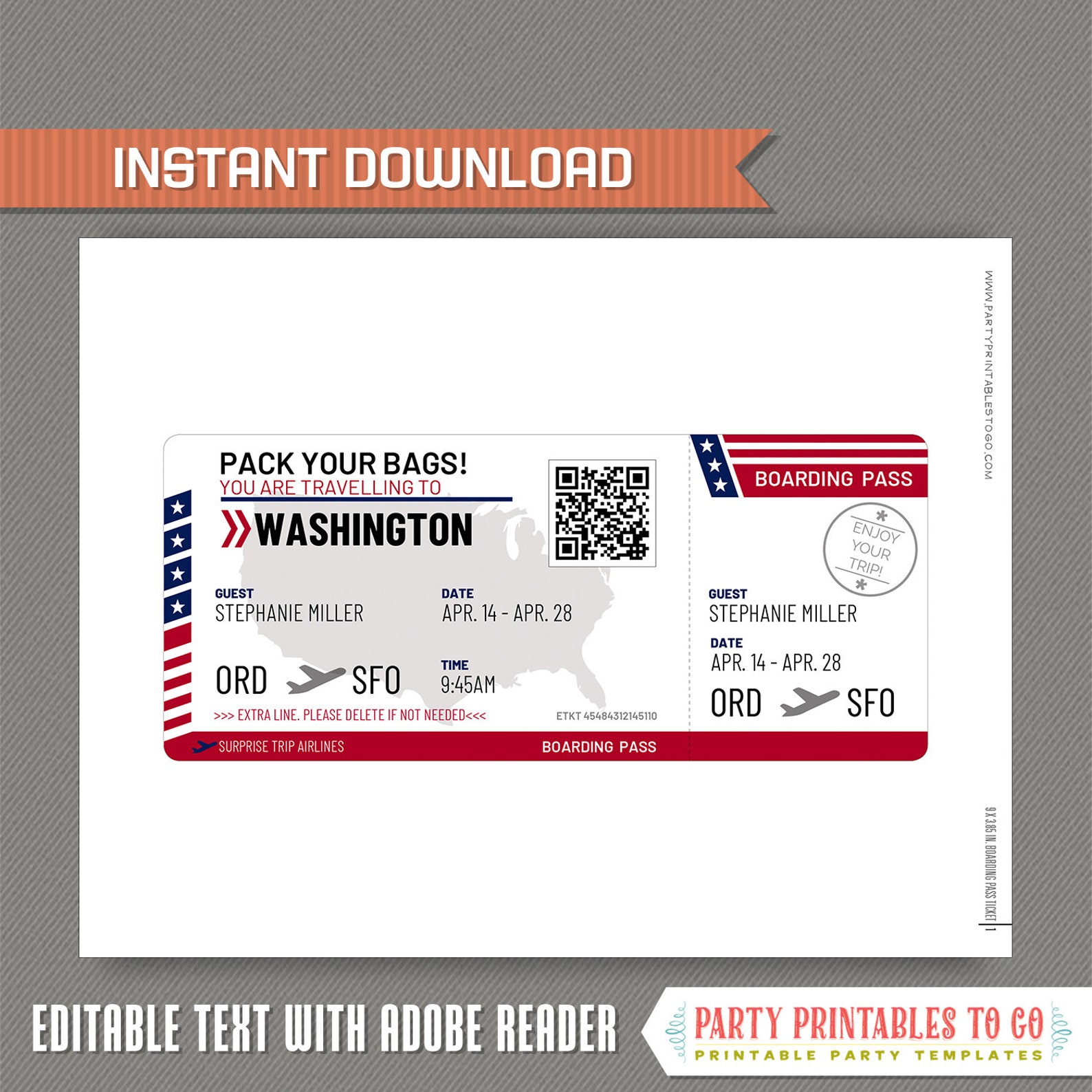 Editable Airplane Boarding Pass red White and Blue Surprise - Etsy