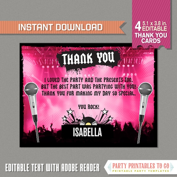 Rockstar Party Thank you Cards (Pink) - INSTANT DOWNLOAD! - Rockstar ...
