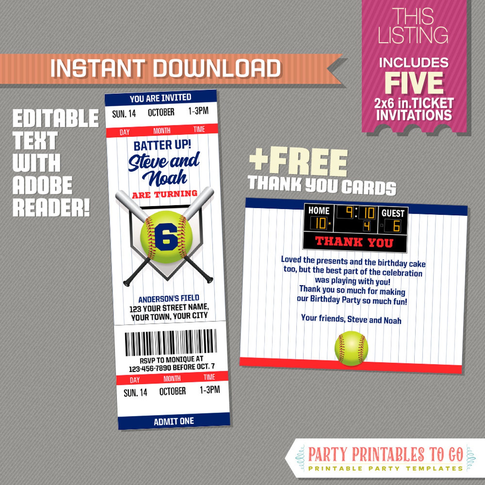 Softball Ticket Invitations for Twins With FREE Thank You | Etsy