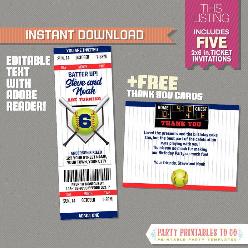 Softball Ticket Invitations for Twins With FREE Thank You | Etsy