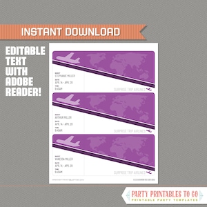Editable Airplane Boarding Pass (purple) Surprise Trip Airline Ticket ...