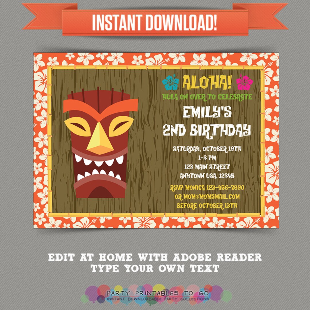 Hawaiian Luau Birthday Party Printable Invitation - Editable PDF File ...