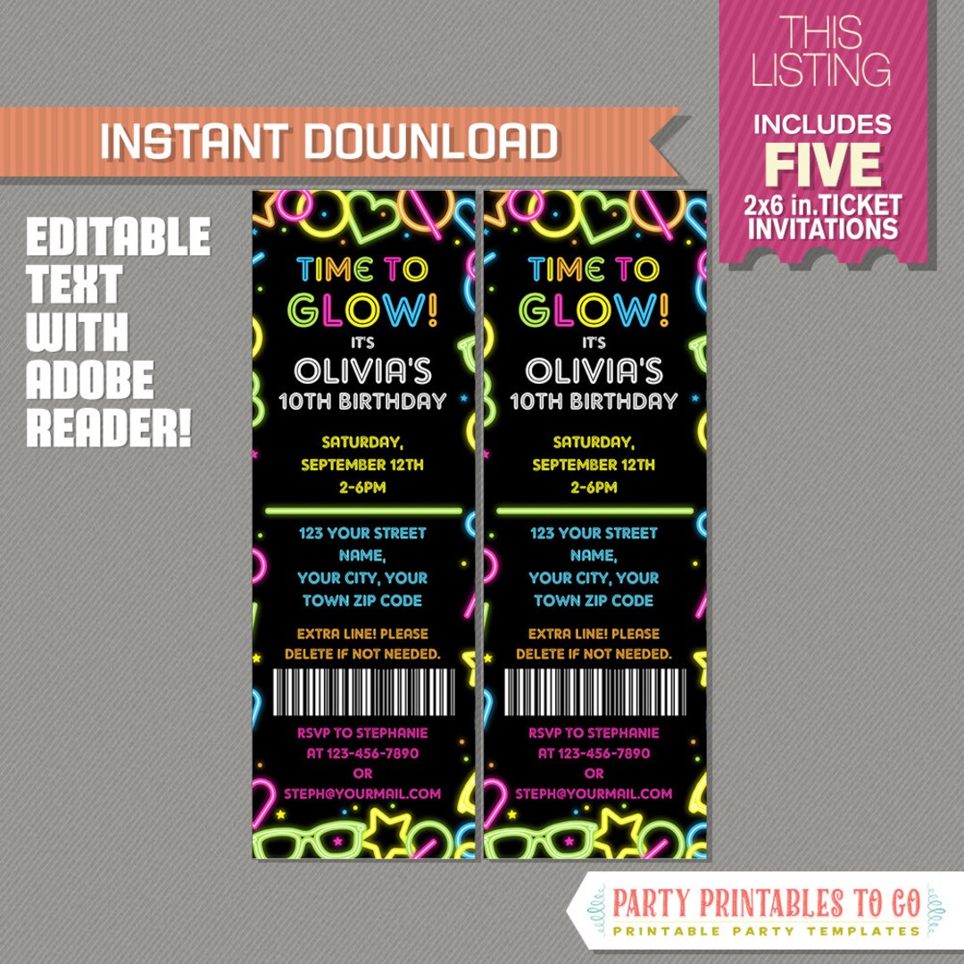 Neon Glow II Party Ticket Invitation - INSTANT DOWNLOAD - Glow in the ...