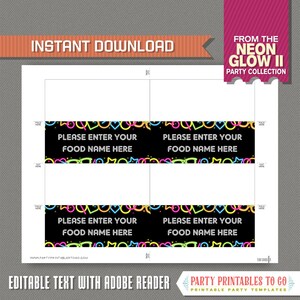 Neon Glow II Party Food Labels, Neon Glow Party Place Cards - INSTANT ...