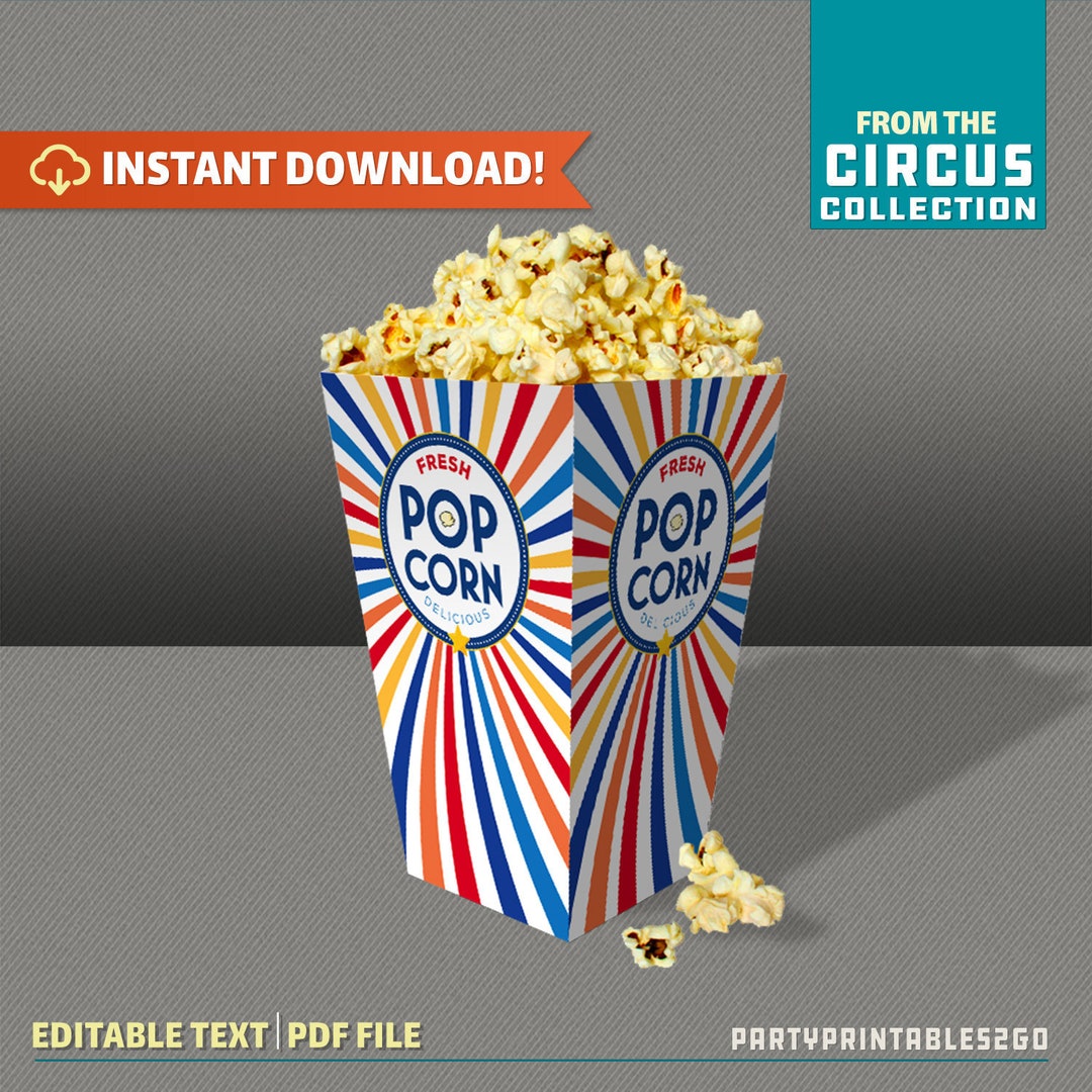 Circus Party Popcorn Box - INSTANT DOWNLOAD- Canival Birthday - Circus ...